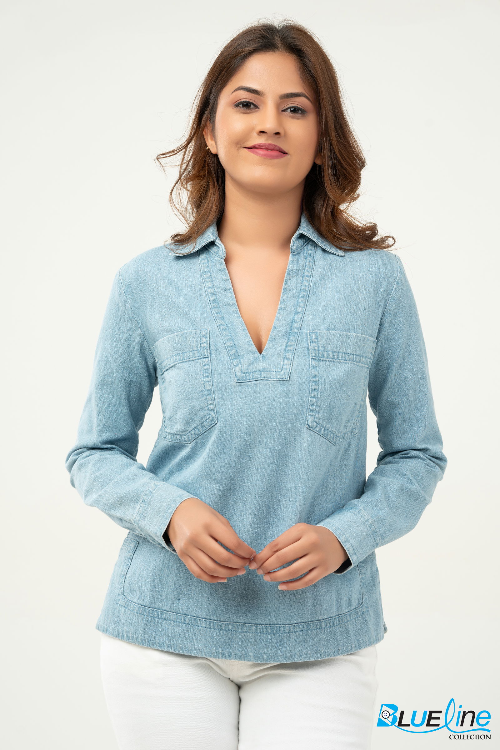 DENIM BAND HEM SHIRT | Blue Line Collection