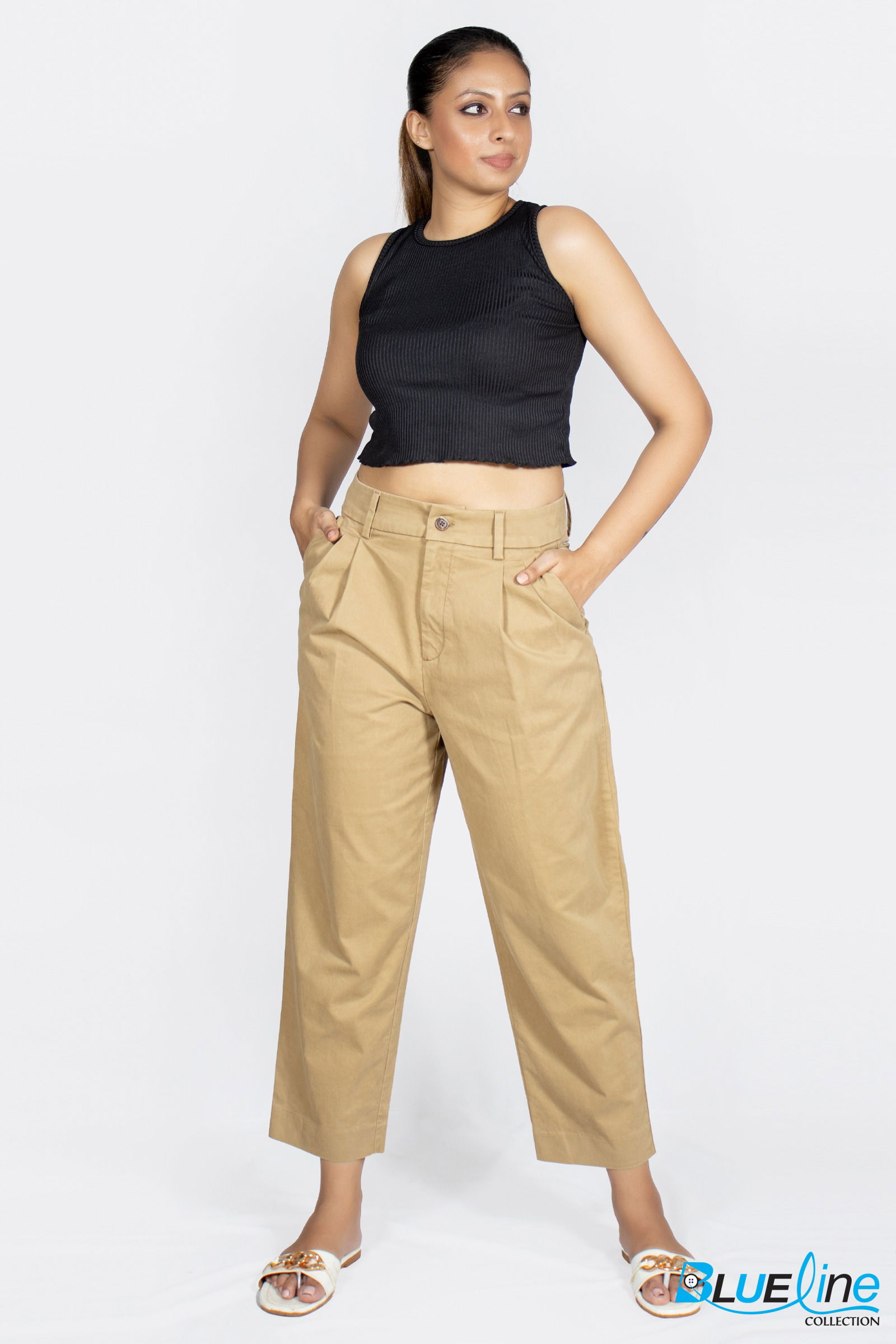 HIGH RISE CROPPED KHAKI PANT | Blue Line Collection