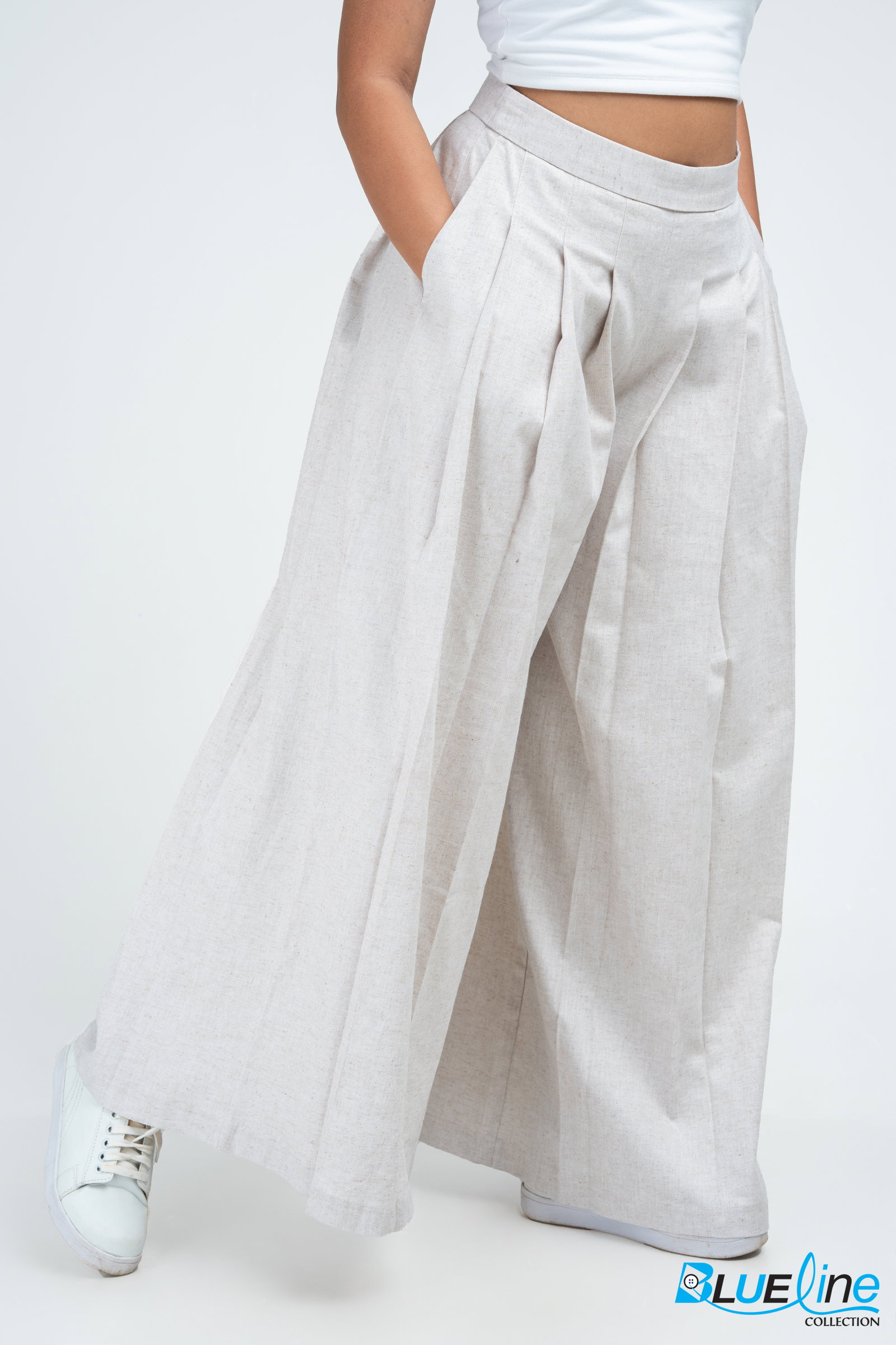 PLEATED WIDE LEG LINEN PANT | Blue Line Collection