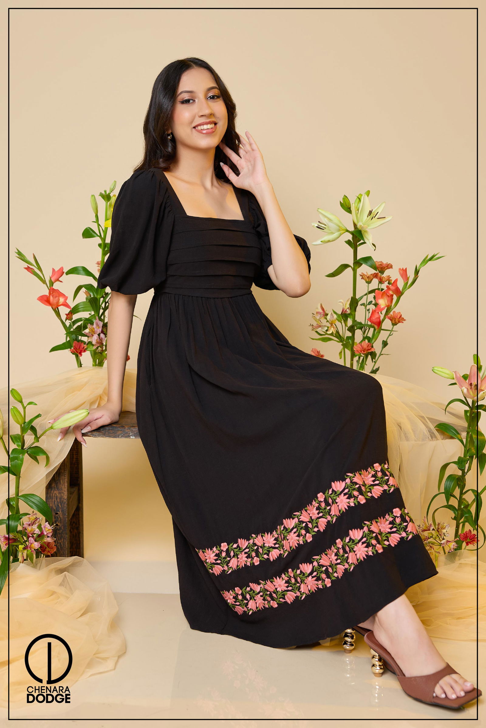 ZOE PIN TUCK EMB MIDI DRESS