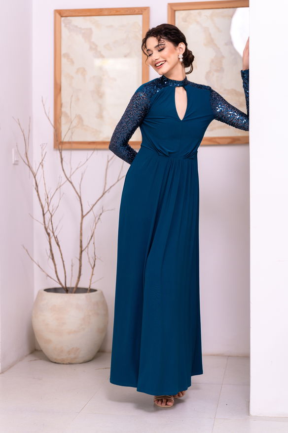 Buy sequins detail long sleeve choker neck dress damro green from ...