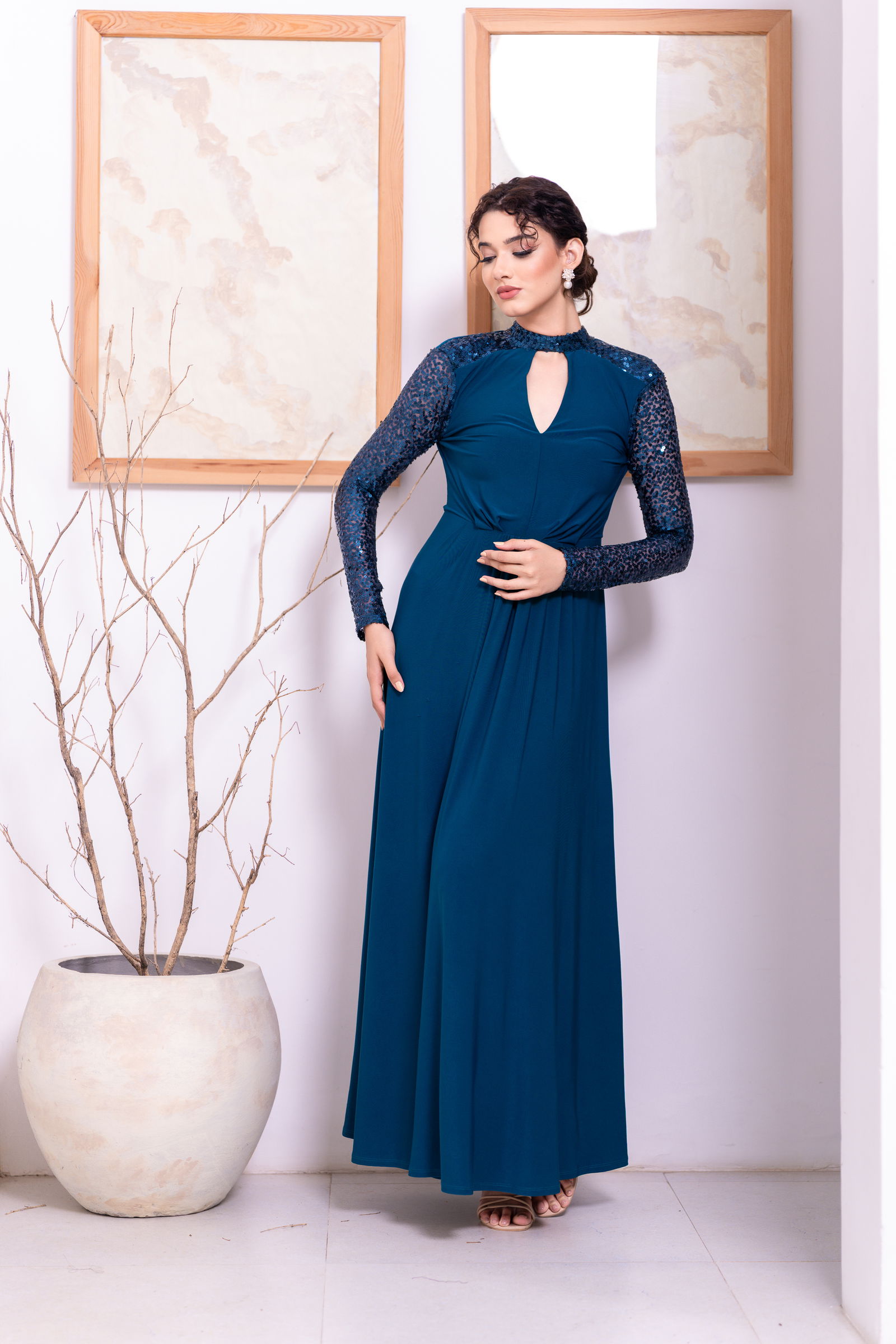 Buy sequins detail long sleeve choker neck dress damro green from ...