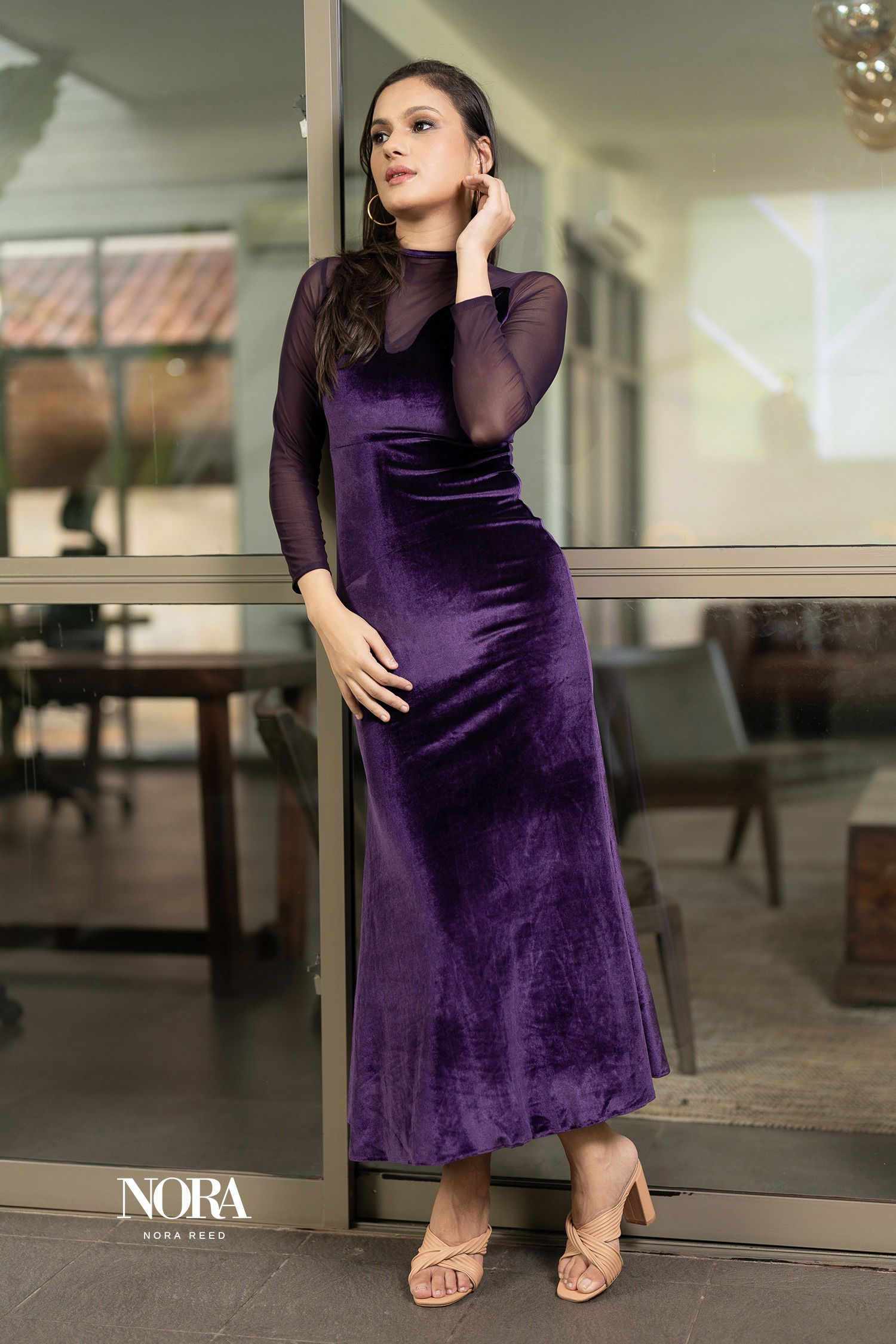 Buy elegant velvet sweetheart neckline mesh detailed long sleeve maxi ...