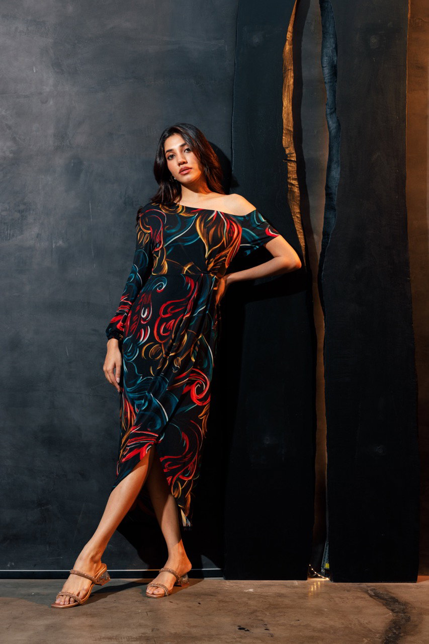 Celestial Breeze Off-Shoulder Midi Dress | wybe.lk